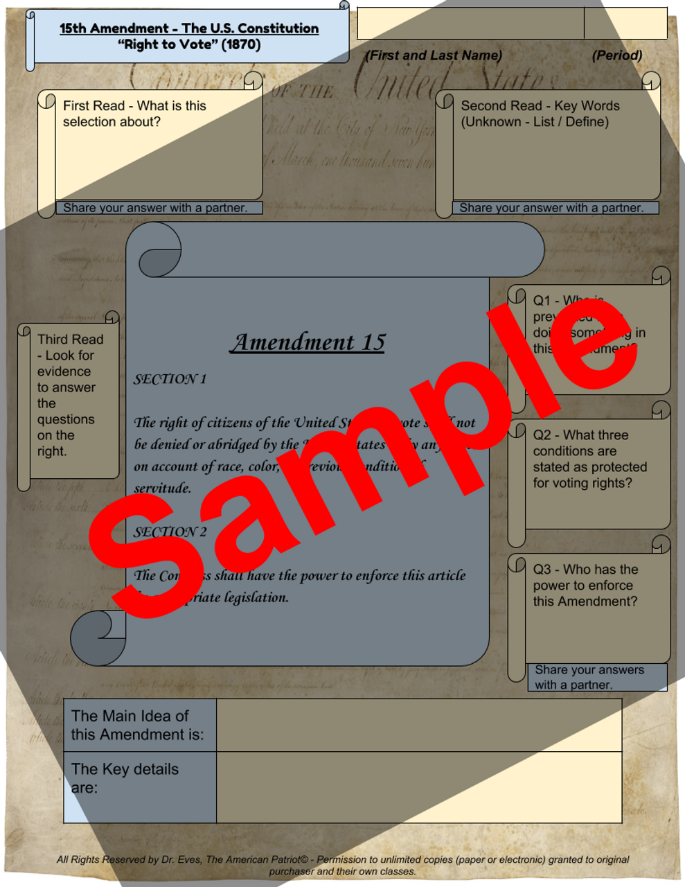 15th Amendment - "Right to Vote" - Enhanced DBQ - Close Read (PDF)