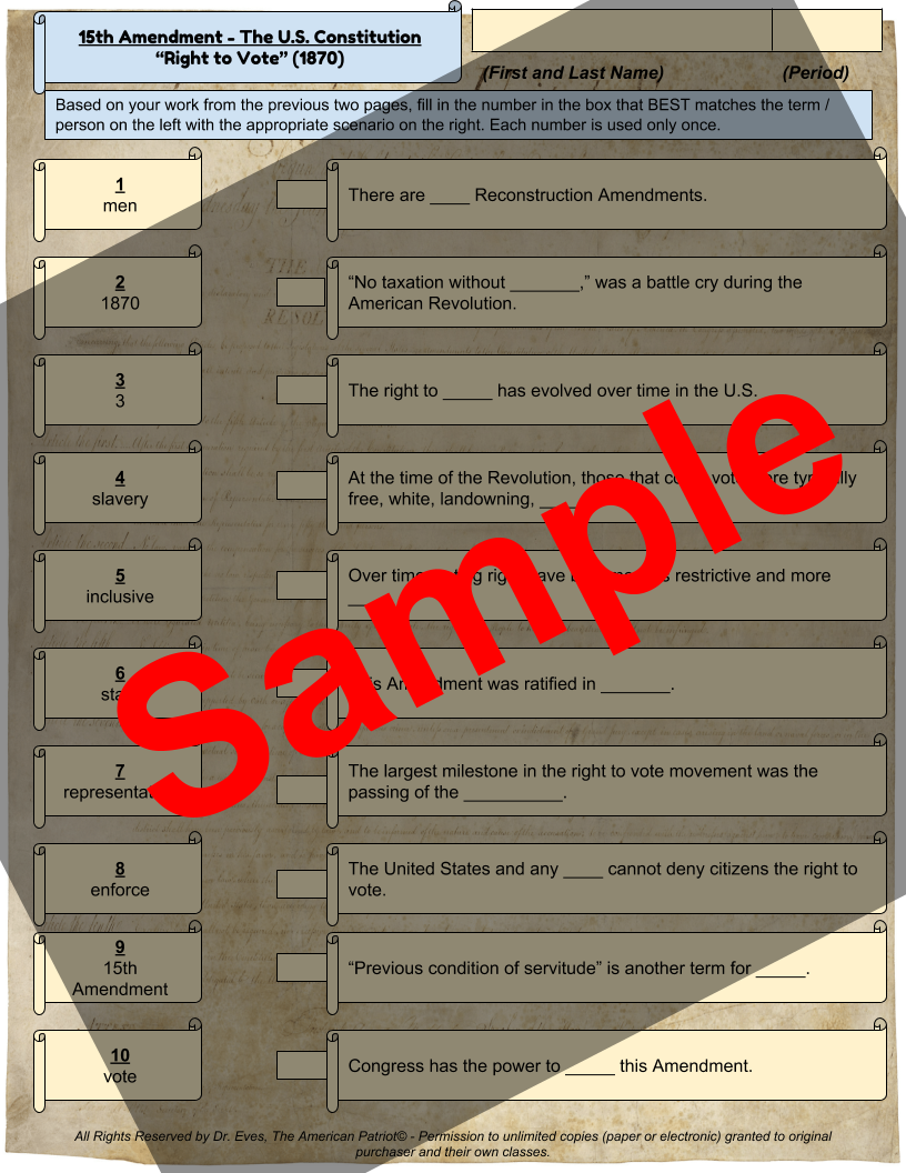 15th Amendment - "Right to Vote" - Enhanced DBQ - Close Read (PDF)