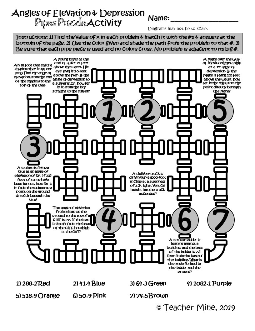 Angles of Elevation & Depression - Pipes Puzzle Activity