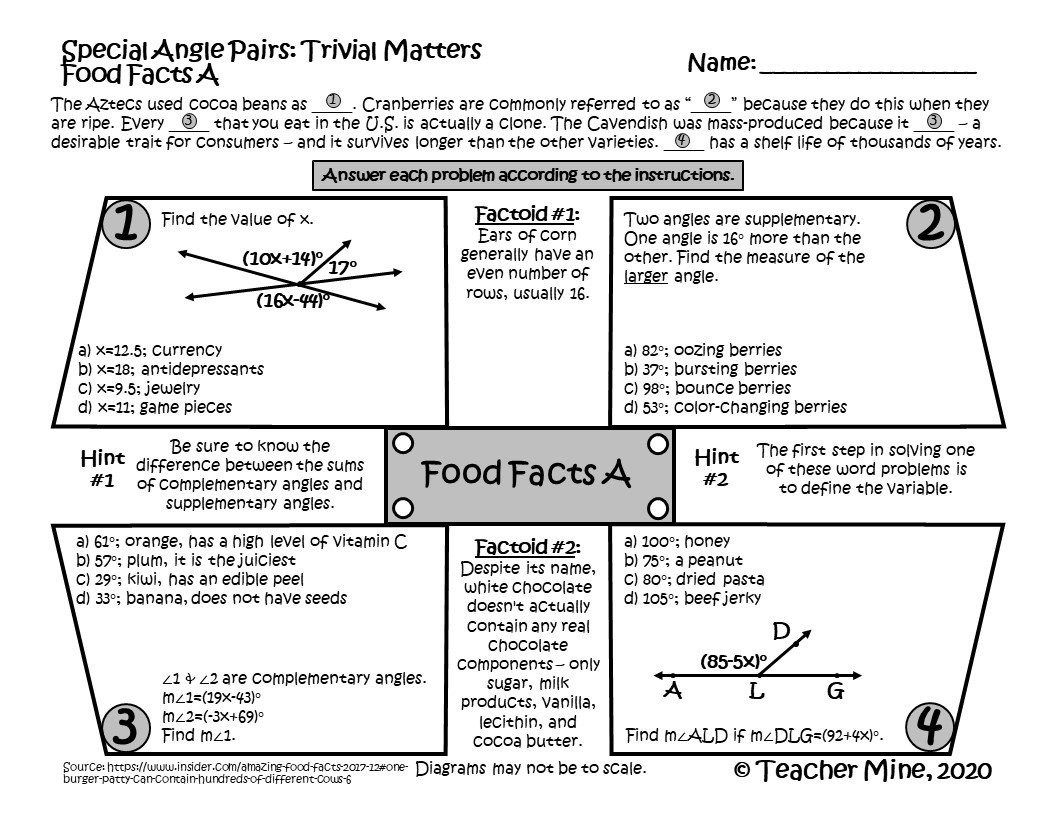 Special Angle Pairs - Food Facts A - Trivial Matters Activity