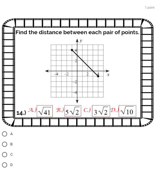Using the Distance Formula: Google Forms Quiz - 20 Problems