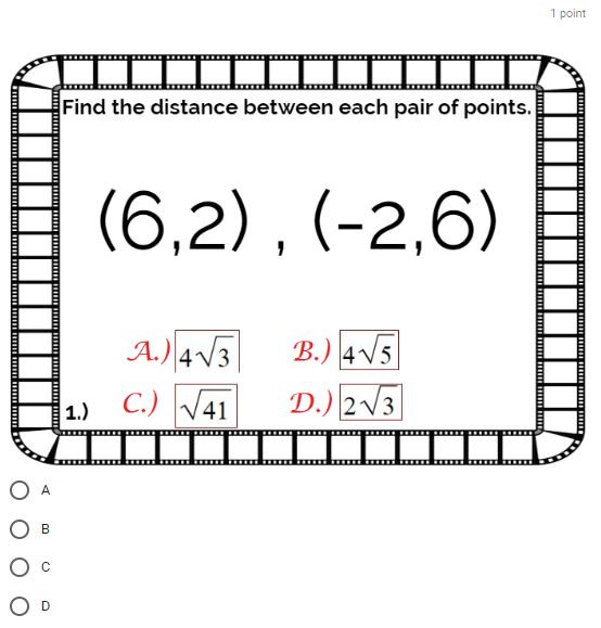 Using the Distance Formula: Google Forms Quiz - 20 Problems