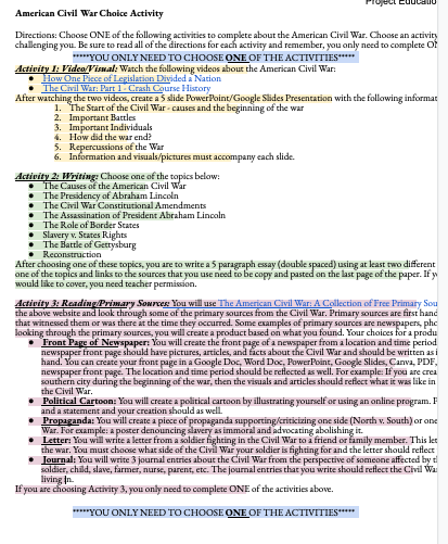 American Civil War Choice Activity