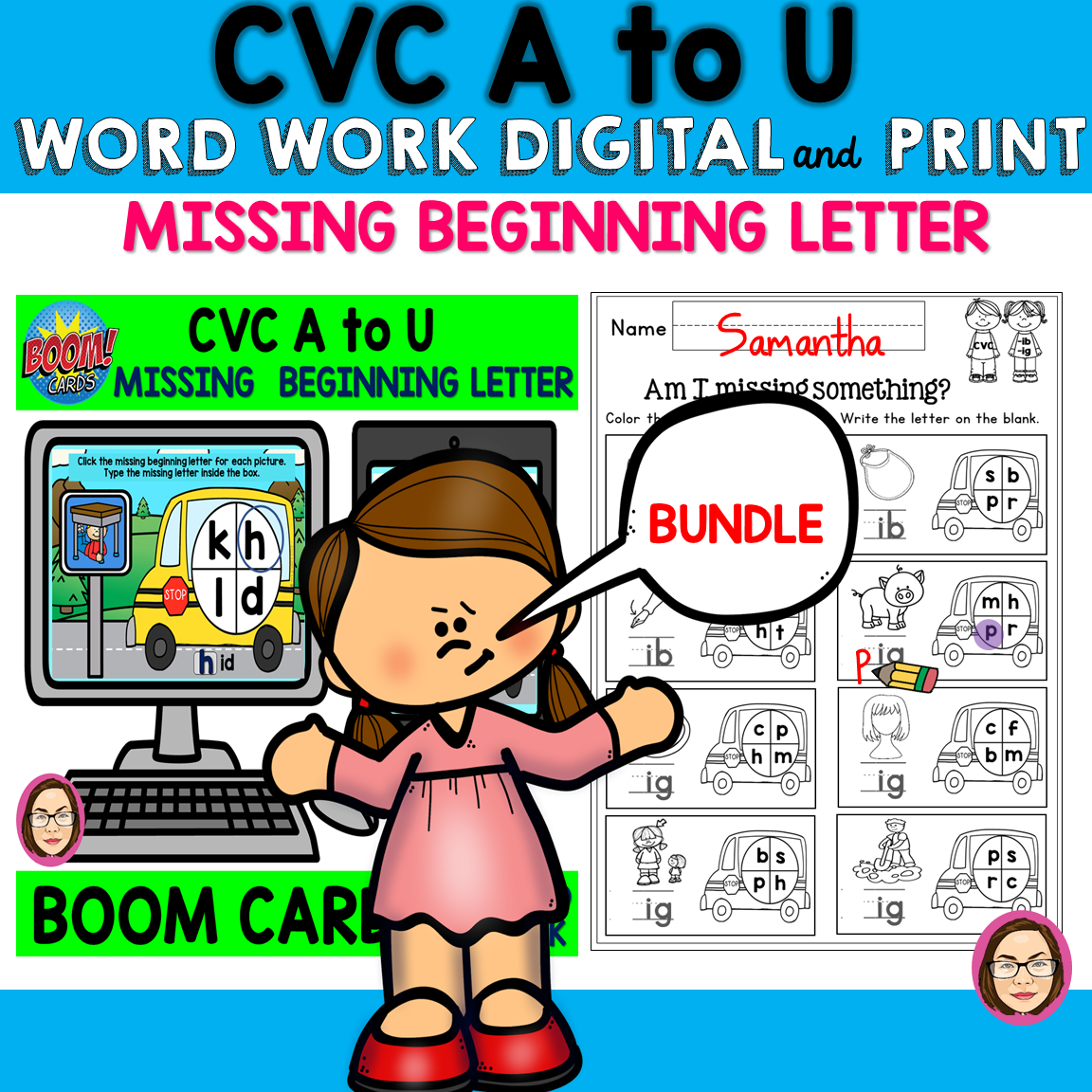 CVC A to U WORD WORK MISSING BEGINNING LETTER DIGITAL and PRINT BUNDLE