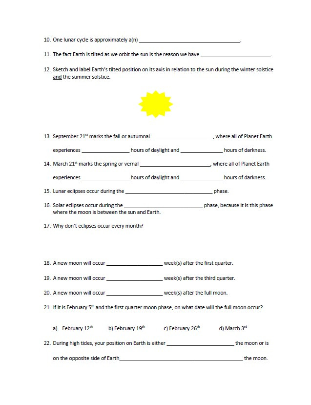 Eclipses, Lunar Phases, Tides, and Seasons Practice Packet