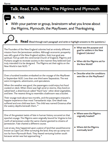 Talk, Read, Talk, Write Lesson: The Pilgrims and Plymouth
