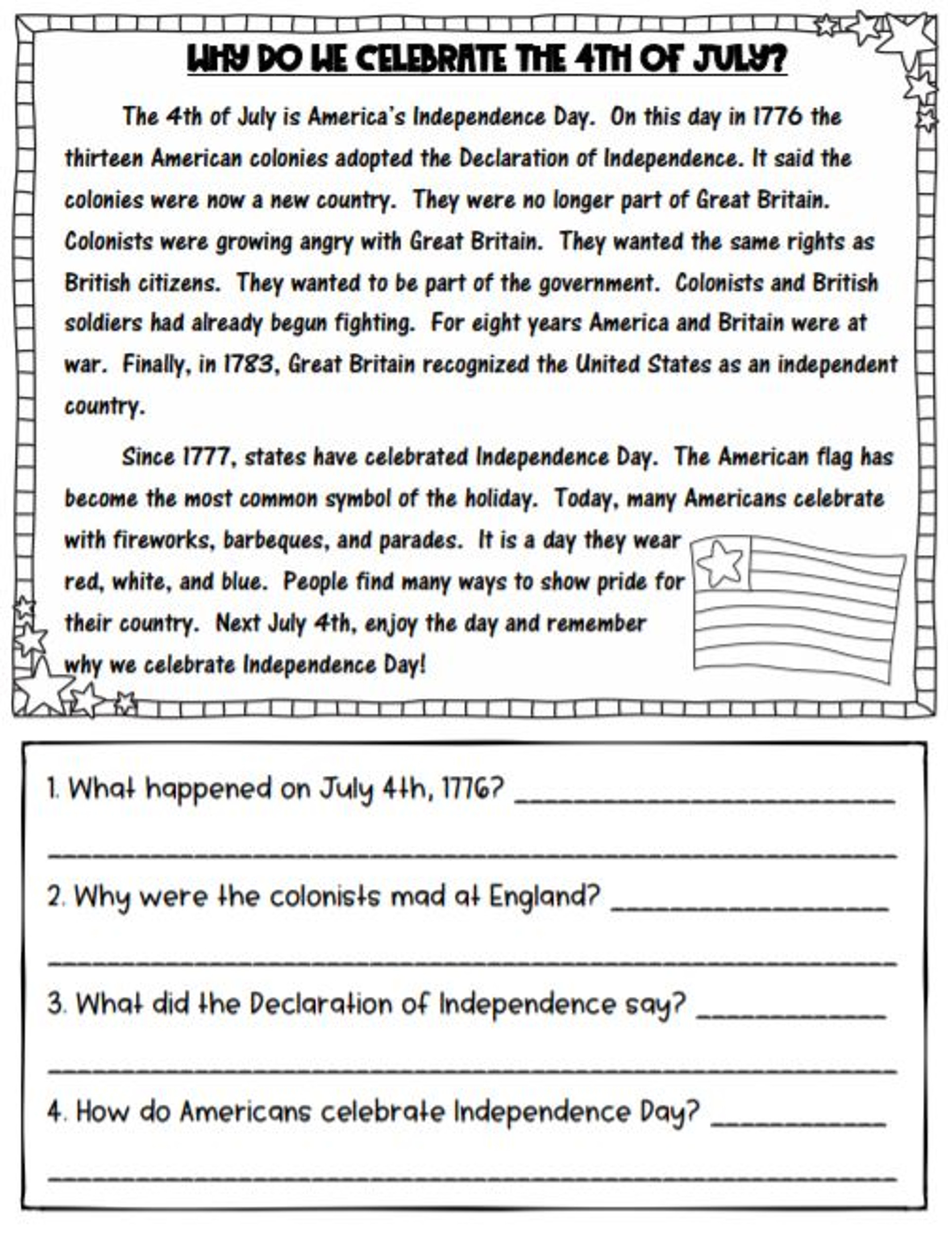 4th of July Reading Passage with Comprehension Questions - Amped Up ...