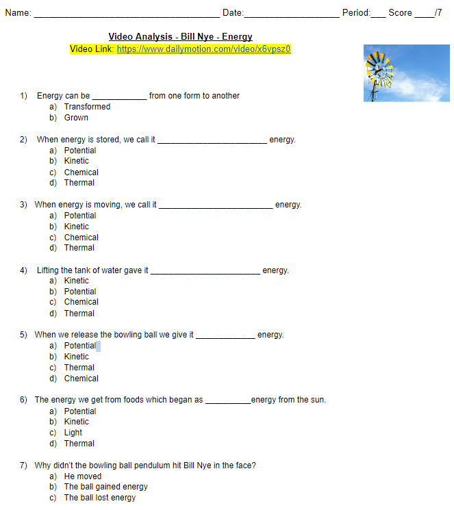 Video Analysis - Bill Nye - Energy (MS-PS3) Google Form AND Doc