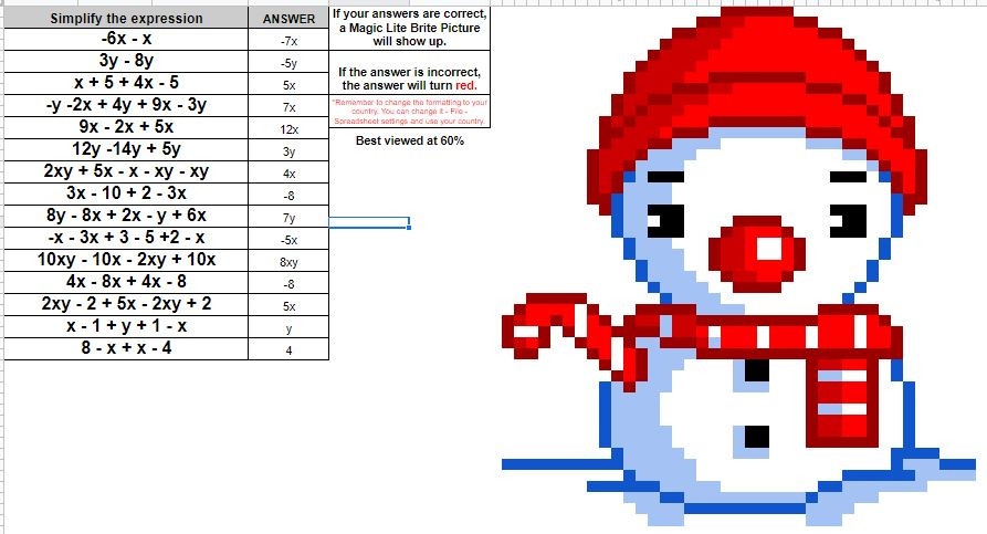 Snowman - Combining Like Terms, Simplifying Algebraic Expressions Pixel ...