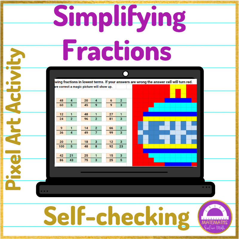 Simplifying Fractions Christmas Google Sheets Pixel Art Activity