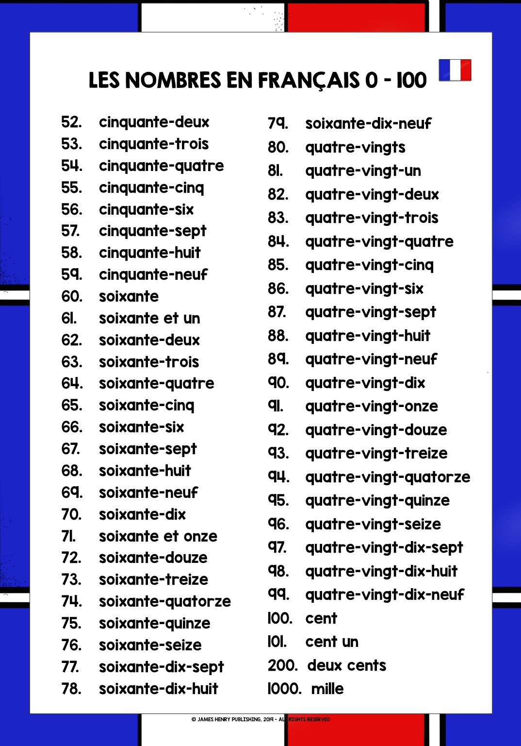 FRENCH NUMBERS 0-100 REFERENCE LIST #1