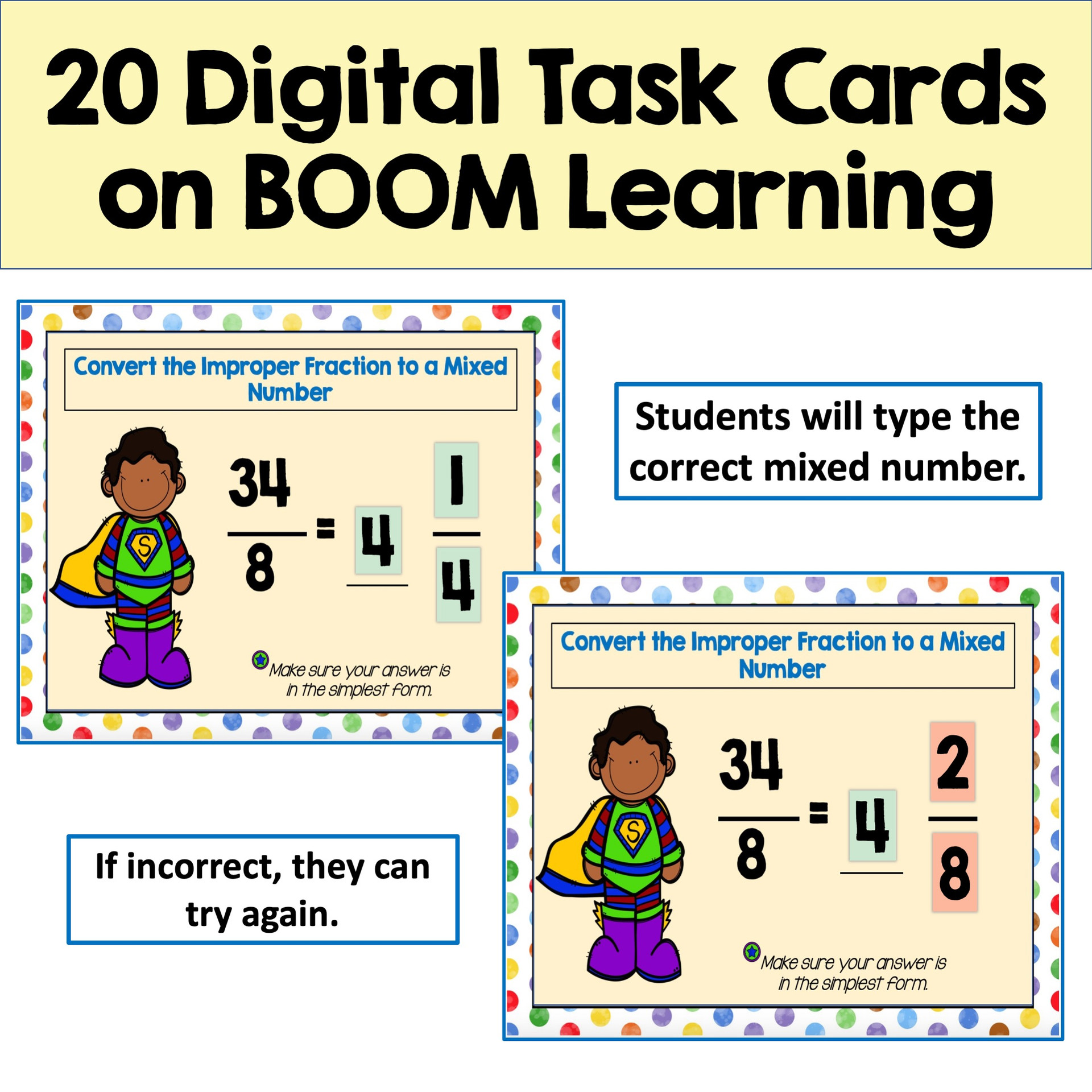 Converting Improper Fractions to Mixed Numbers Boom Cards