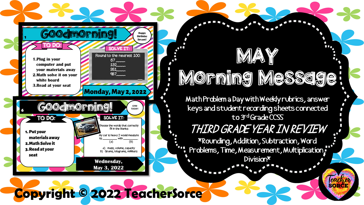 Math Problem a Day Third Grade March Editable Morning Message Solve It