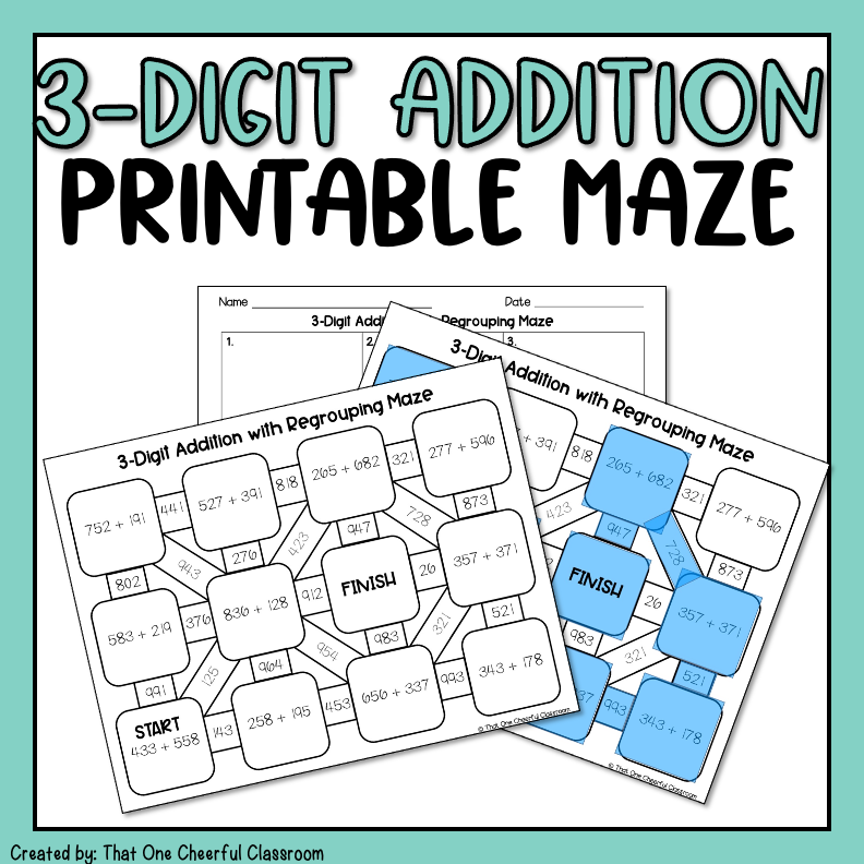 3-Digit Addition with Regrouping Printable Maze Activity