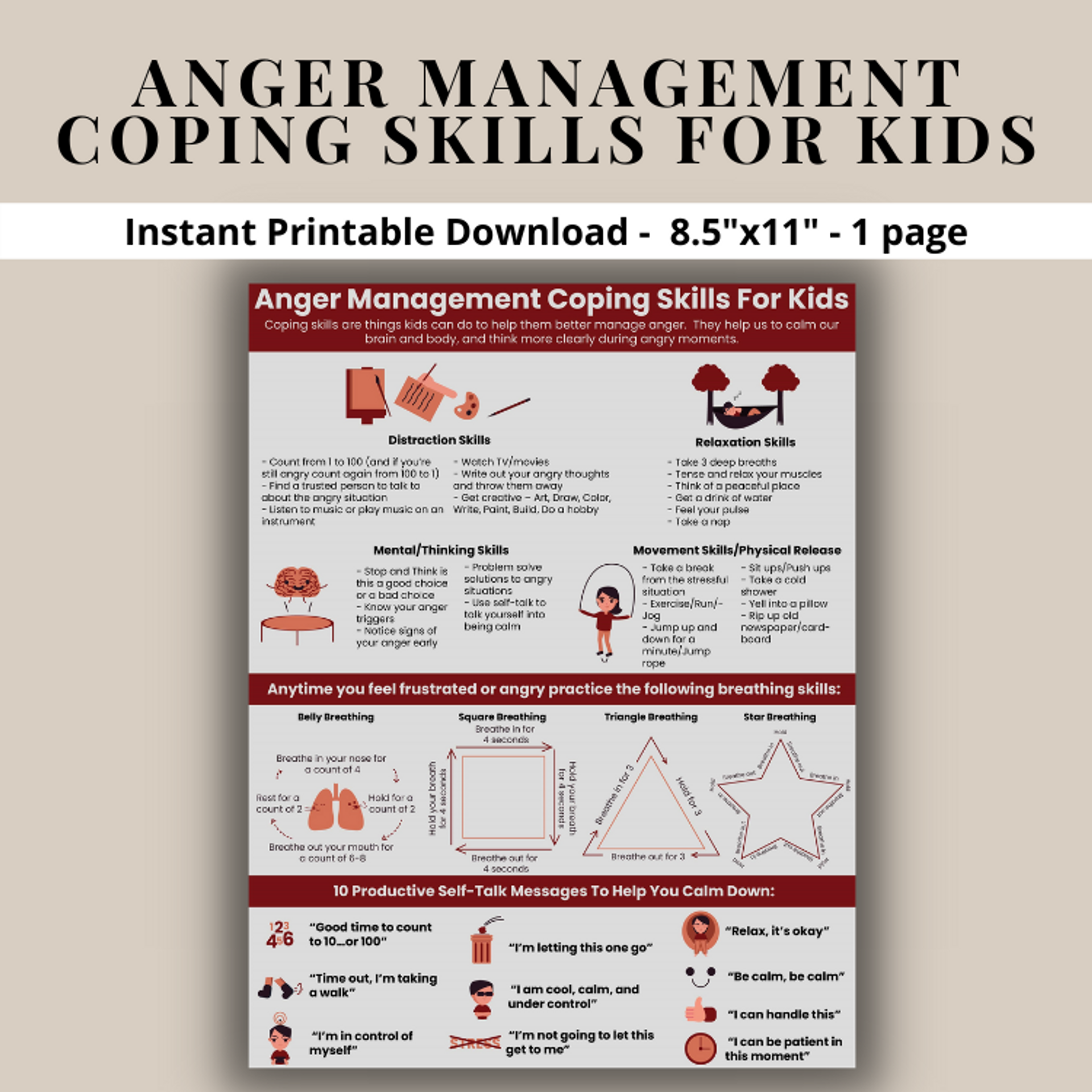 Anger Management Coping Skills For Kids Printable Handout Poster ...