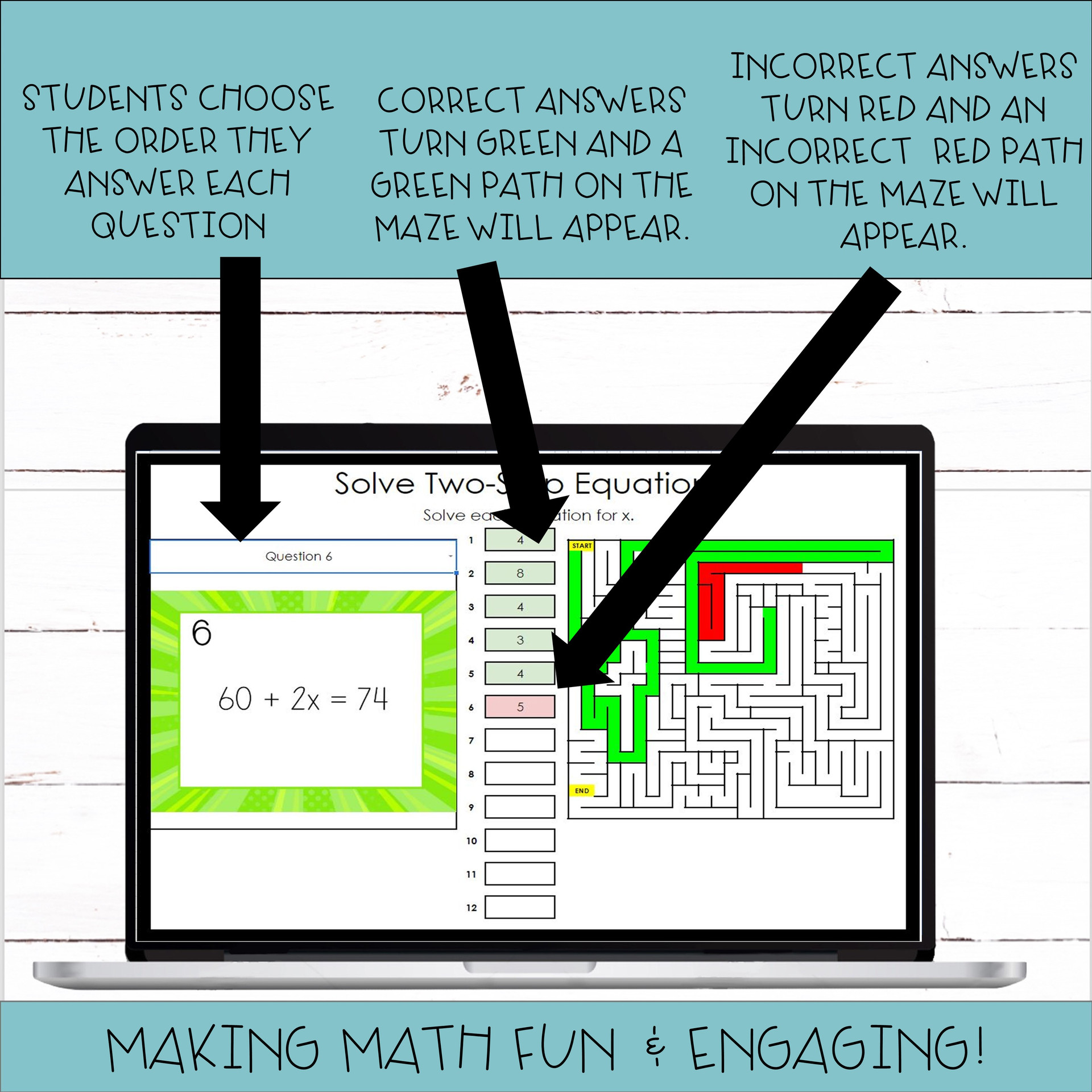 Solve Two-Step Equations Digital Self-Checking Maze