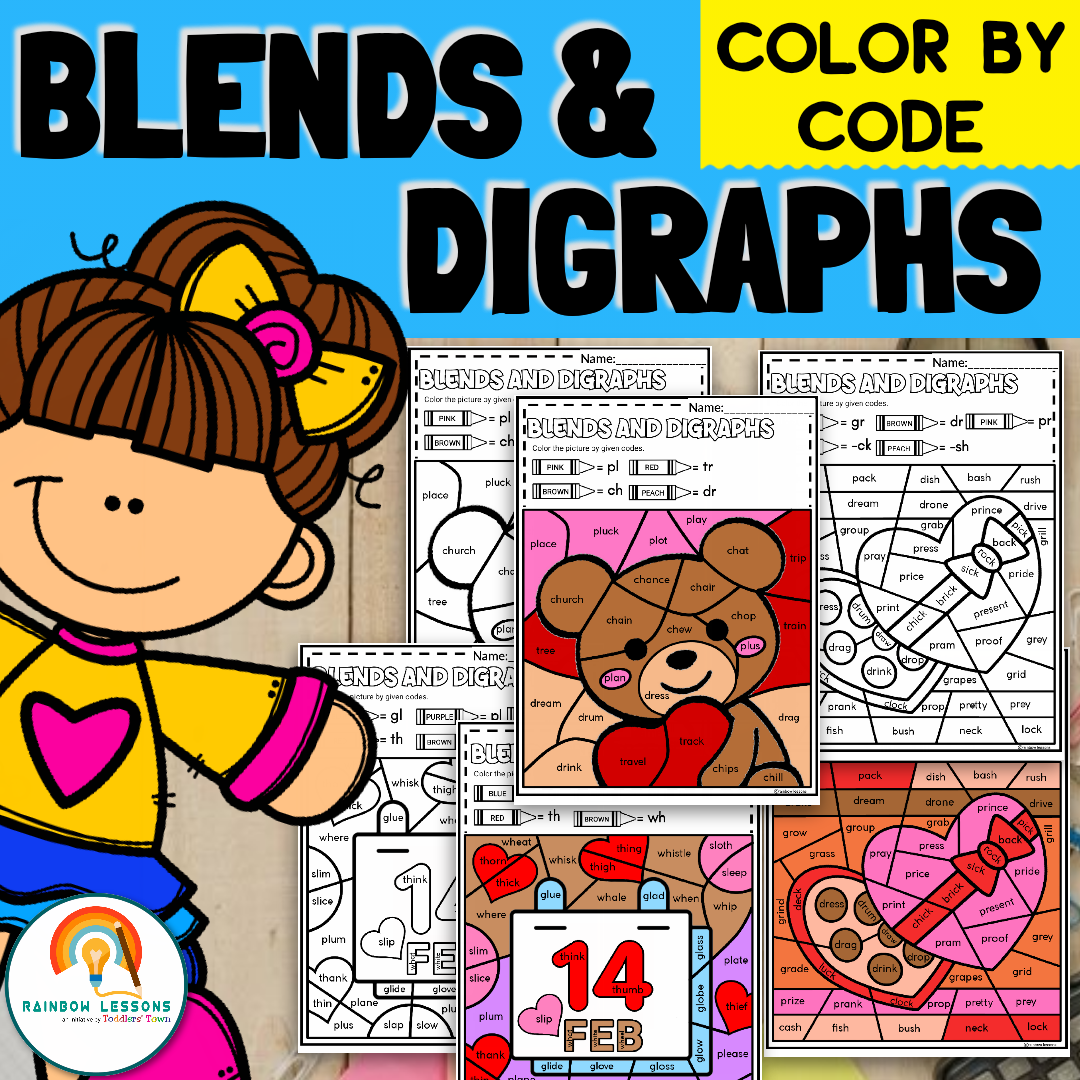 Valentines Day Color By Code | Valentines Day Worksheets | Blends and ...