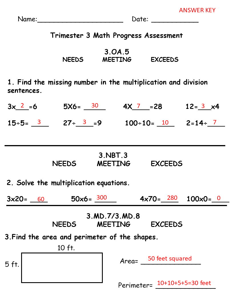Third Grade Standards based math assessment Bridges