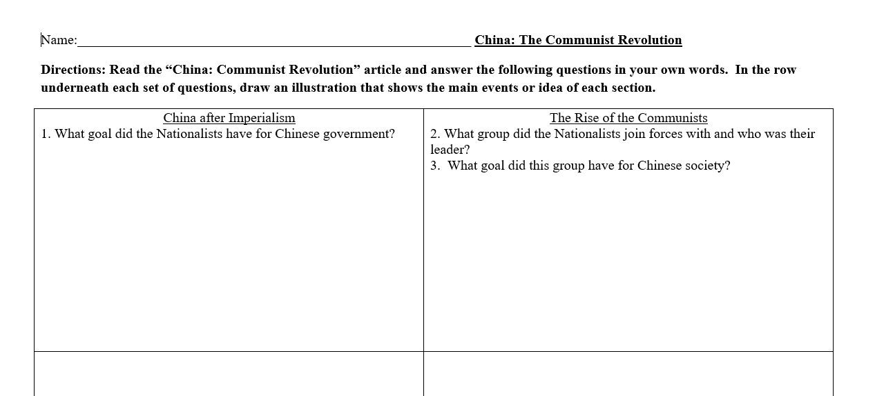 Chinese Communist Revolution Comic Strip Activity