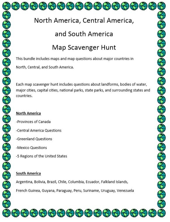 North America, Central America, and South America Map Scavenger Hunt ...