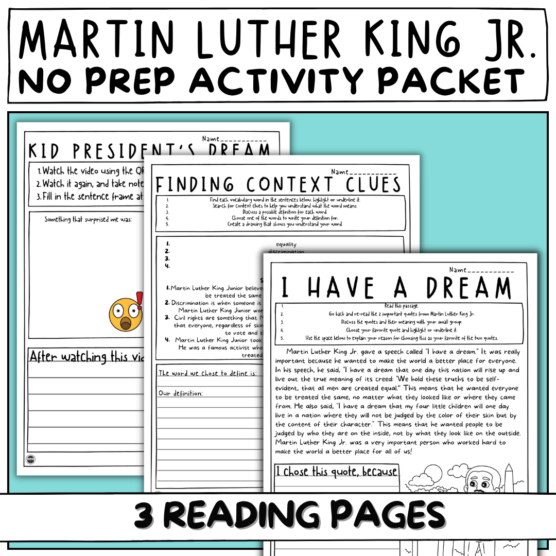 Martin Luther King Jr. | Reading | Writing | Math | No Prep Activity Packet
