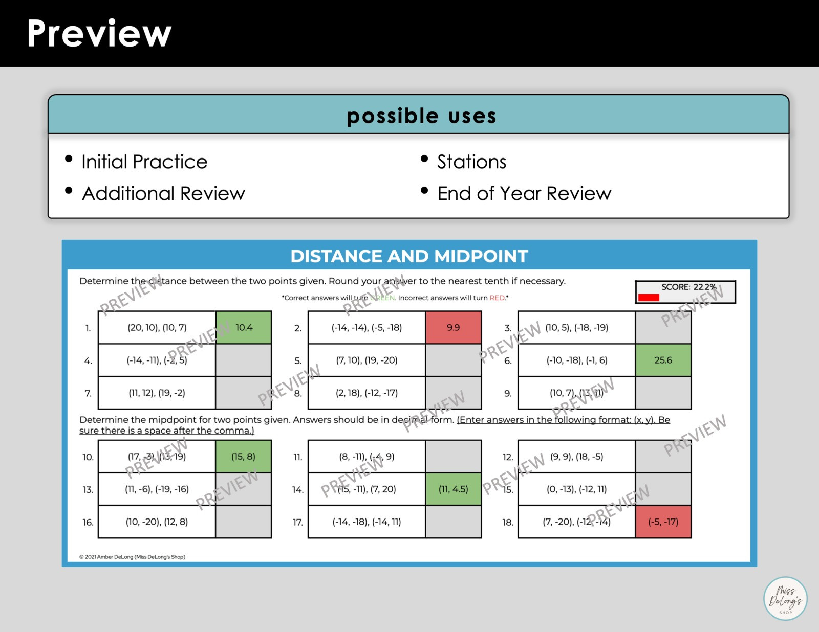 Distance and Midpoint Self Checking Sheet and Auto Grading for Google ...