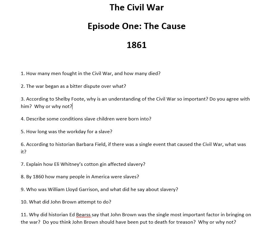 Civil War Ken Burns Video Questions: All 9 Episodes - Over 200 ...