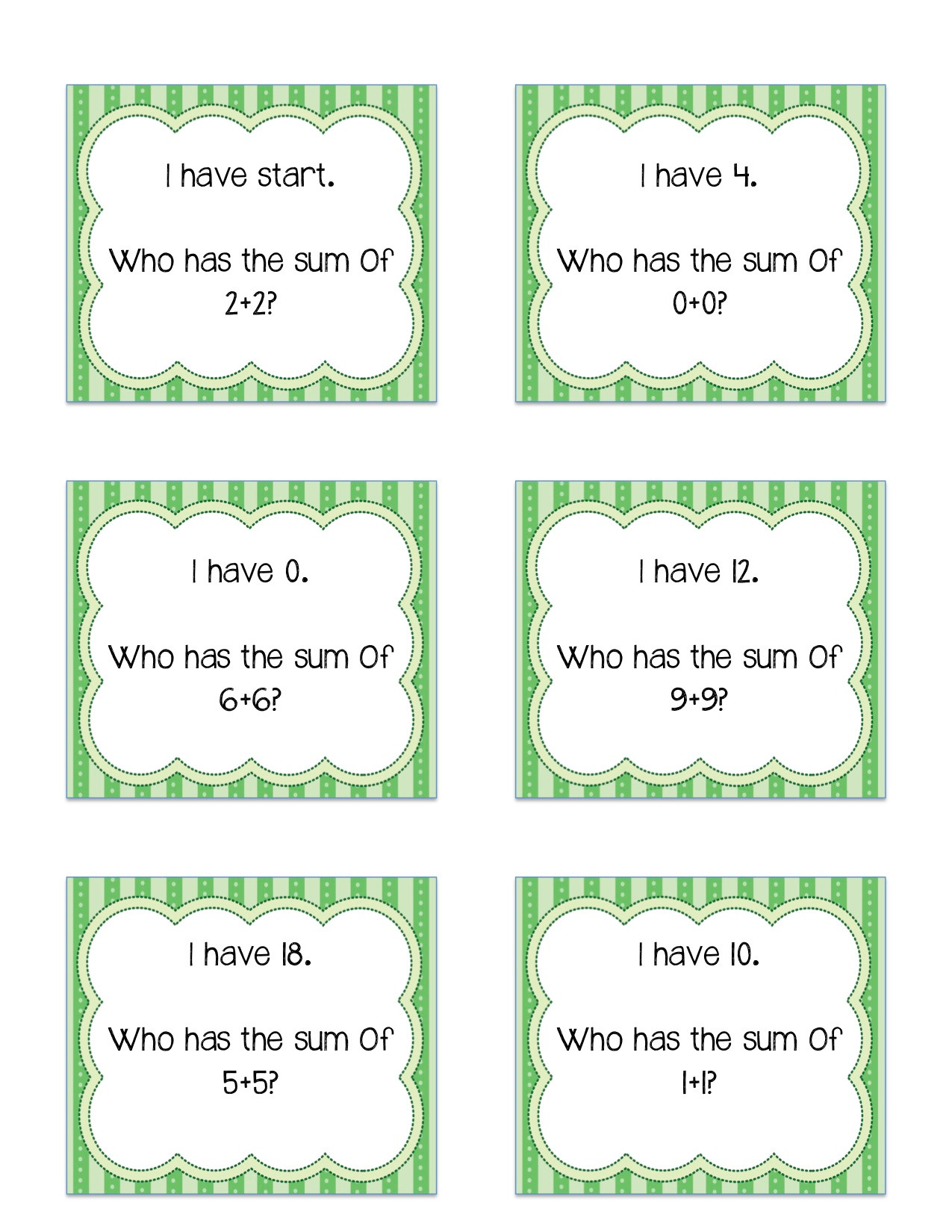 I Have Who Has Math Addition Facts Doubles Game