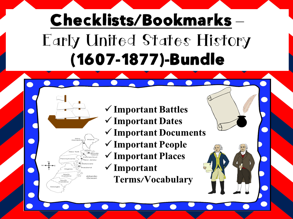 Checklists/Bookmarks (Bundle)-All Early U.S. History Units (1607-1877 ...