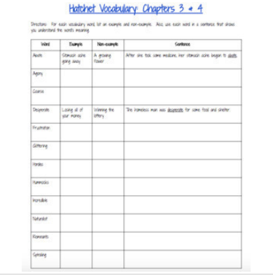 Hatchet Common Core Comprehension Questions with Vocabulary