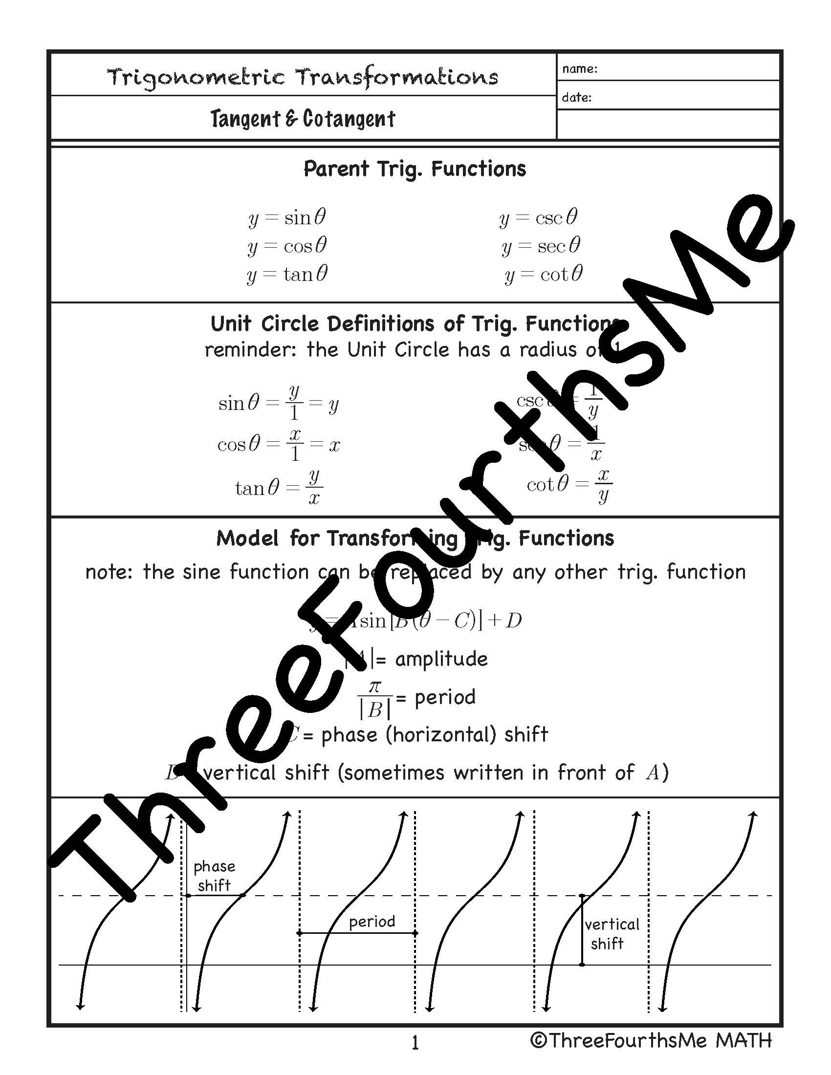 Transformations of Tangent & Cotangent Scaffolded Notes with Classwork ...