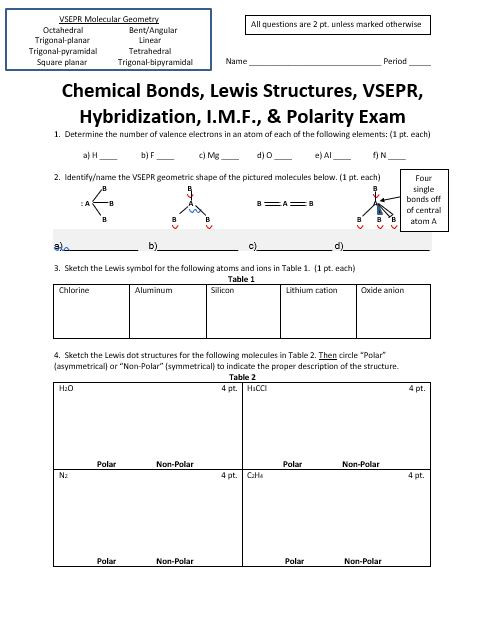 Chemistry Exam about Bonds, VSEPR, Hybridization, Polarity, Lewis ...