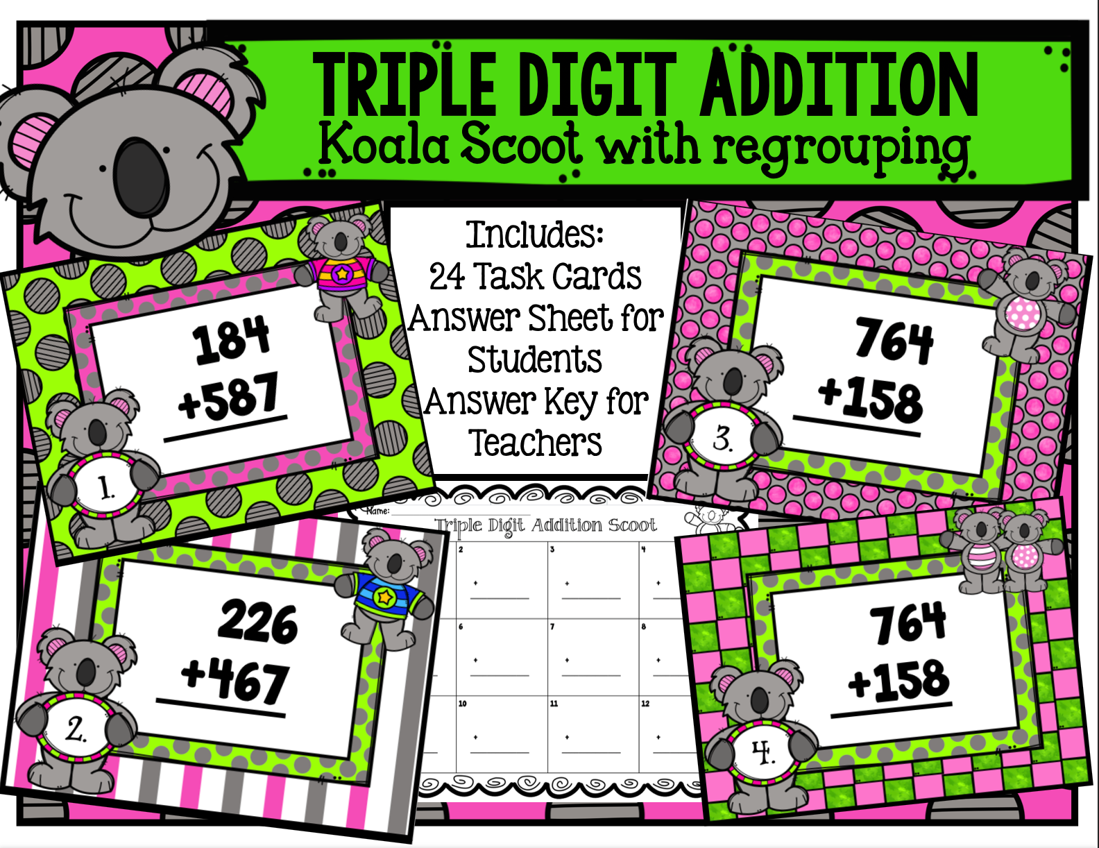 Triple Digit Addition Koala Scoot Task Cards - Amped Up Learning