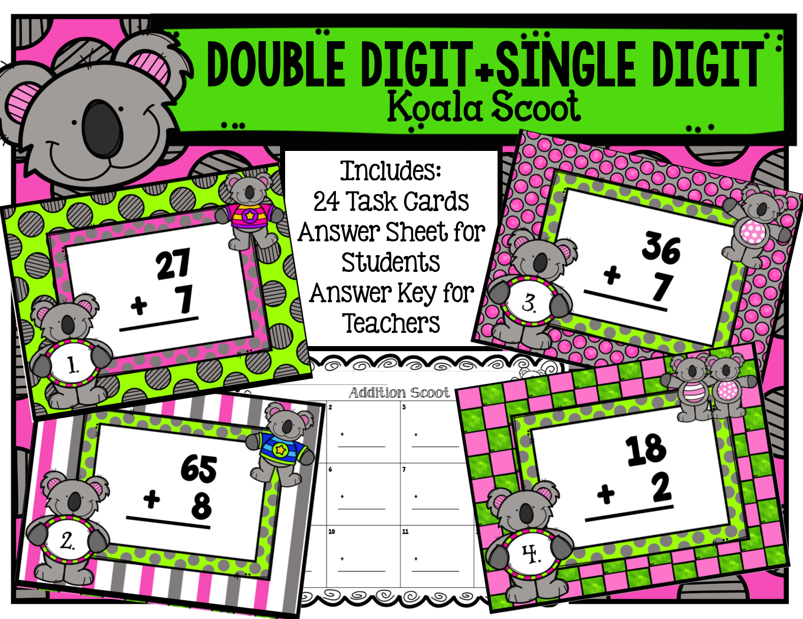 Double Digit Plus Single Digit Addition Koala Scoot Task Cards - Amped ...