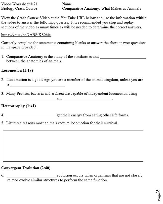 Crash Course Biology Video Worksheet 21 Comparative Anatomy: What makes ...