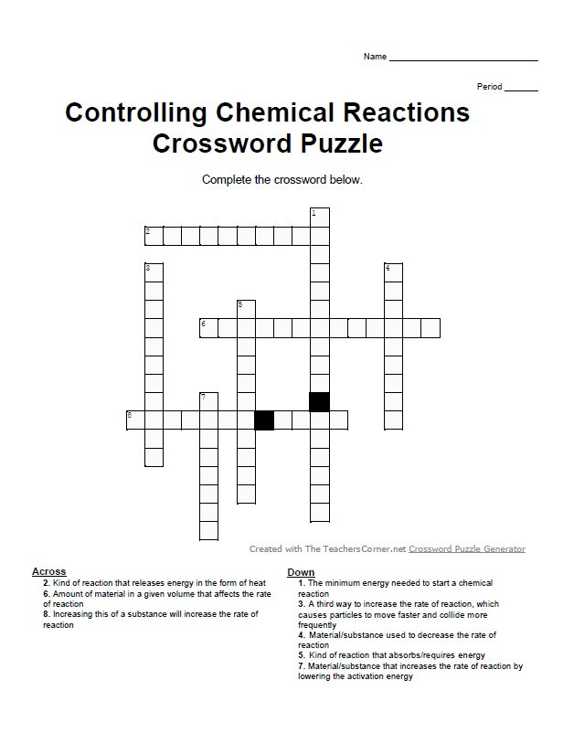 Introduction to Chemistry - Controlling Chemical Reactions Crossword ...