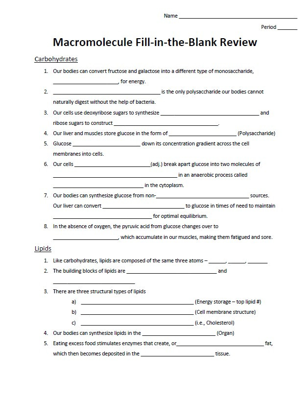 Macromolecule F-I-T-B Review Activity (Proteins, Lipids, Carbs, and ...