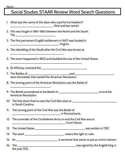 8th Grade Social Studies STAAR Review - Questions and Word Search ...