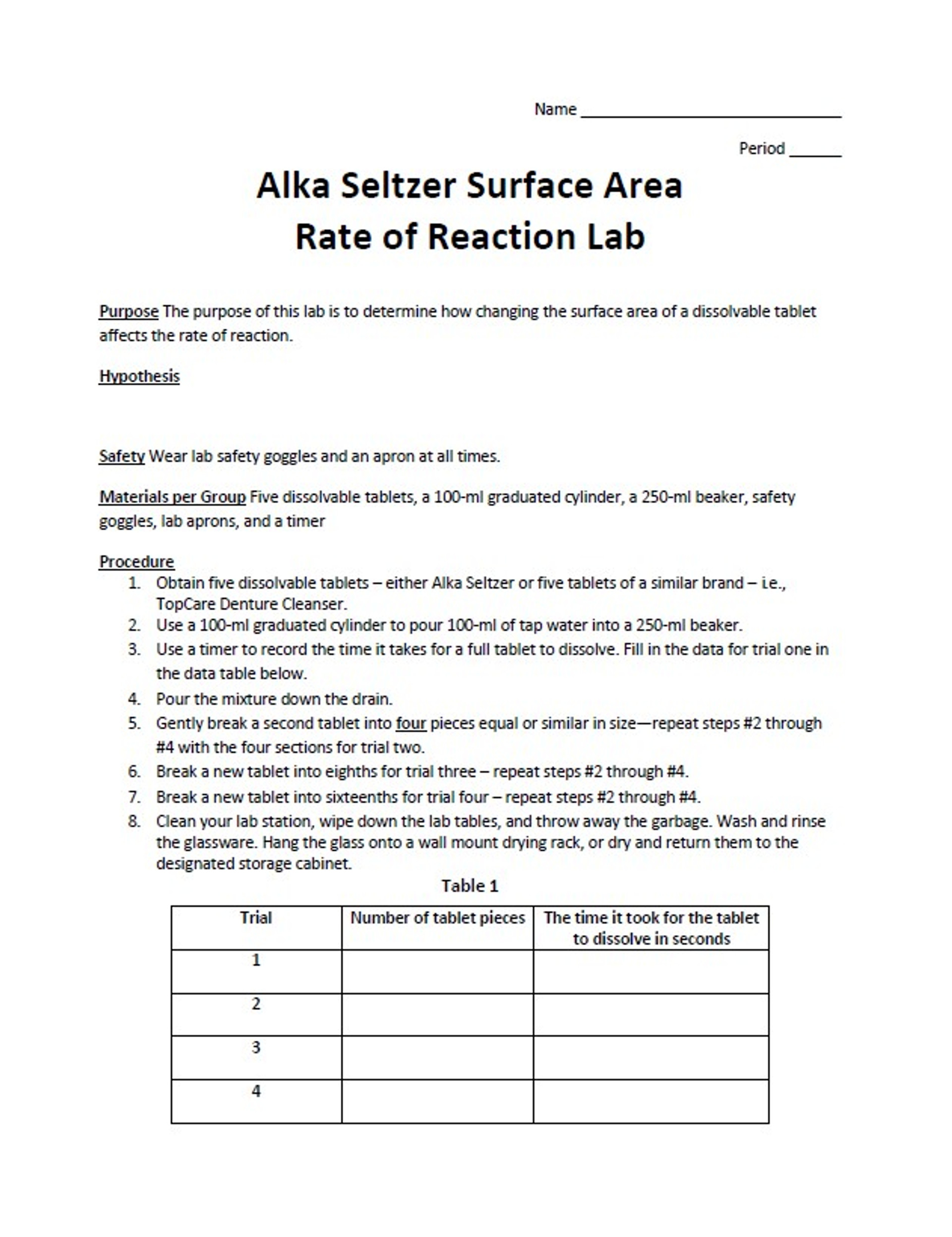 Alka-Seltzer Surface Area Rate of Reaction Lab