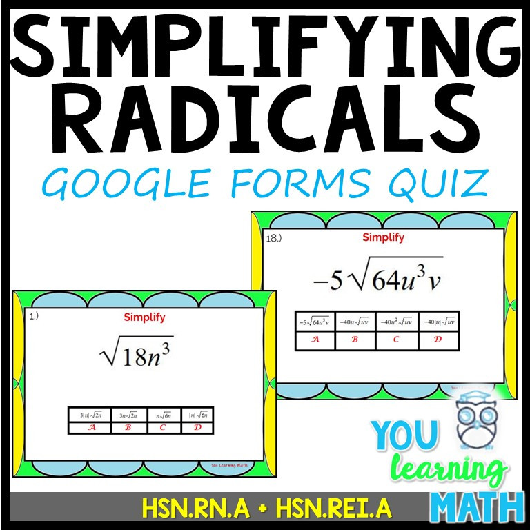 Simplifying Radicals: GOOGLE Forms Quiz - 20 Problems - Amped Up Learning