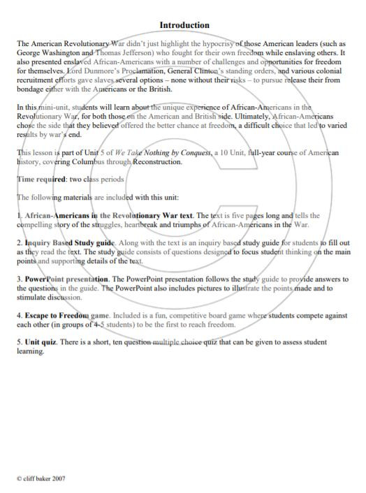 African-Americans in the Revolutionary War mini-unit, including text ...