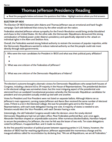 Thomas Jefferson Presidency Reading