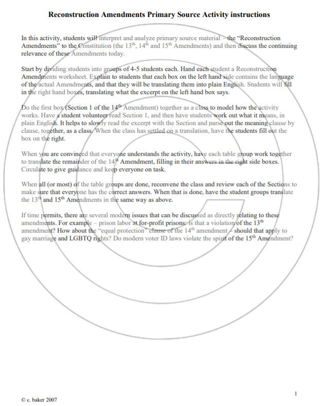 Reconstruction Amendments Primary Source Analysis Activity - Amped Up ...