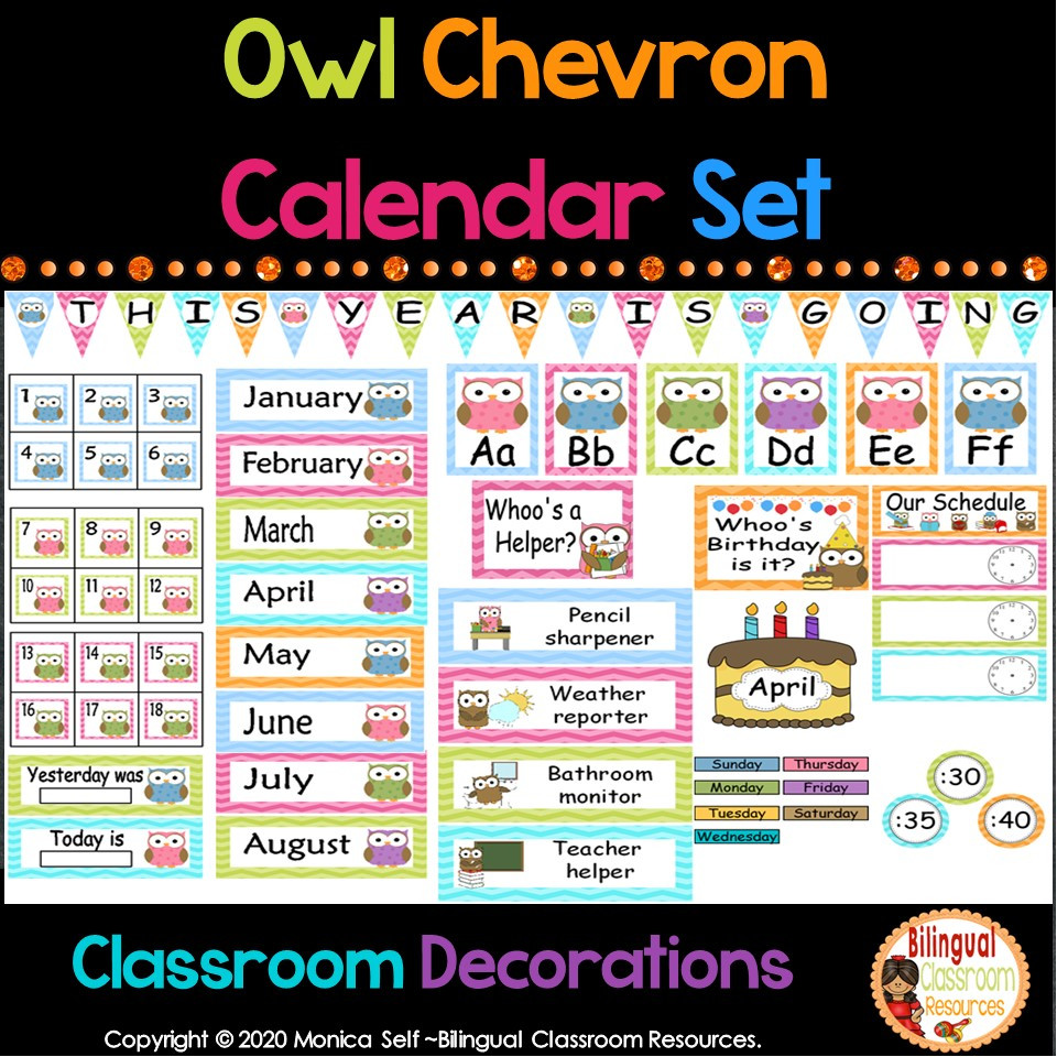 Bilingual Polka Dot Calendar Set and Classroom Decorations