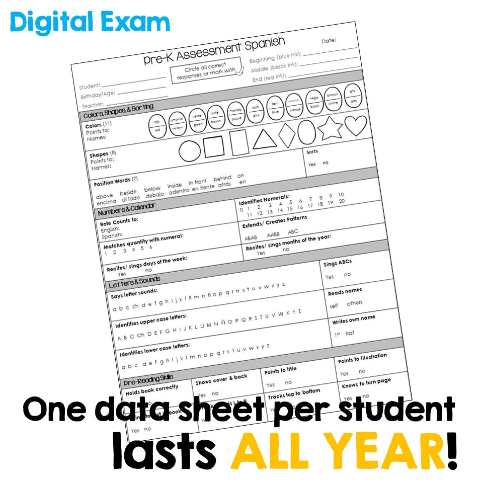 PreK Assessment SPANISH - Simple Digital Version - Examen Preescolar