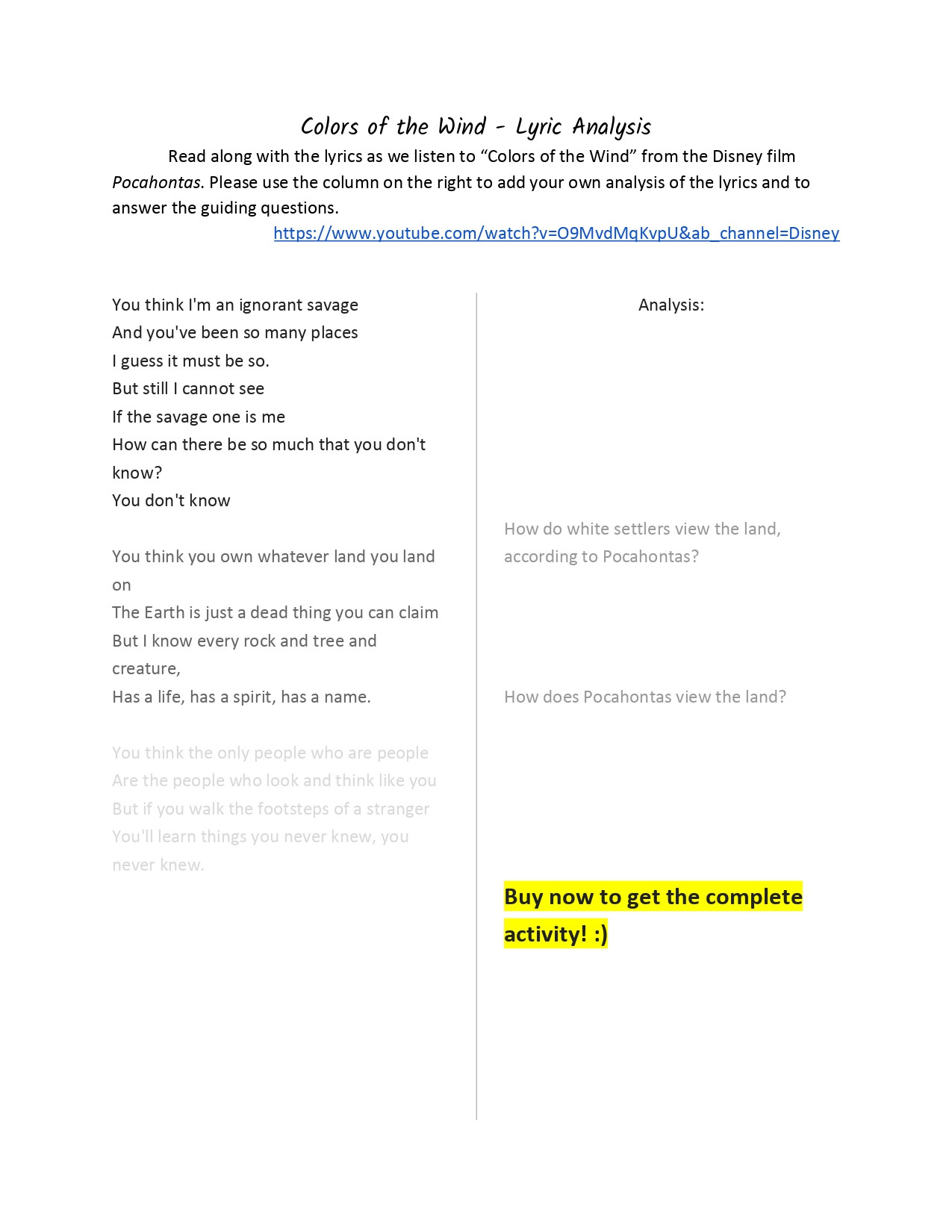 Colors of the Wind - Lyric Analysis