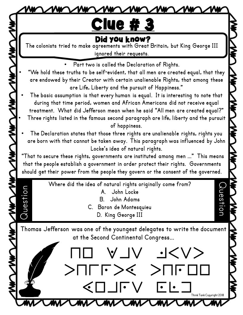 Declaration of Independence ESCAPE ROOM #2: Parts of the Declaration ...
