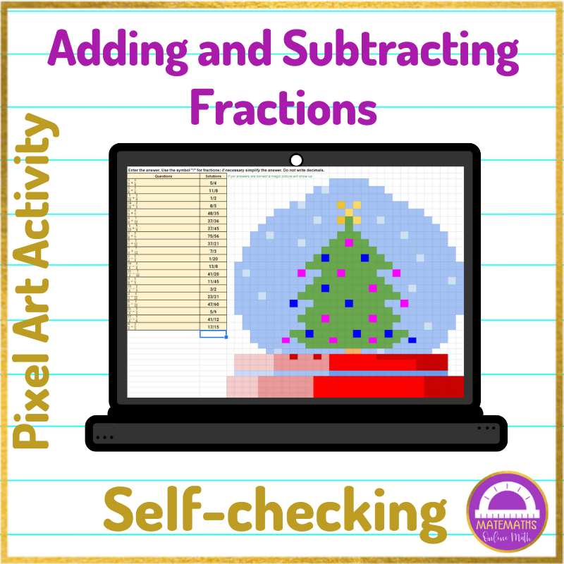 Adding and Subtracting Fractions Christmas Pixel Art Activity for Excel