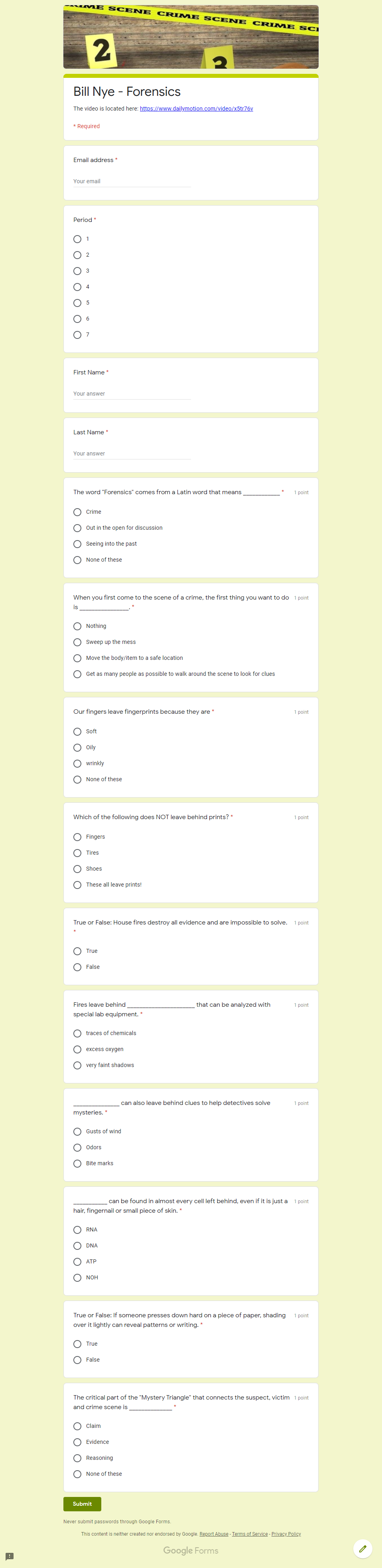 Bill Nye - Forensics Google Form (Great sub plans or distance learning!)