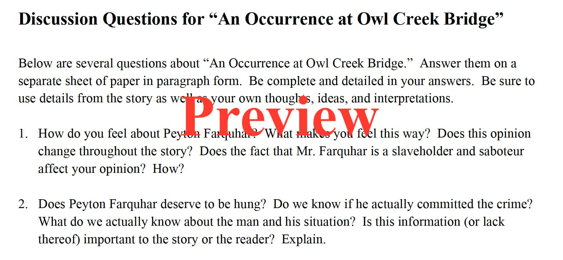 "An Occurrence at Owl Creek Bridge" Lesson and Activity Pack